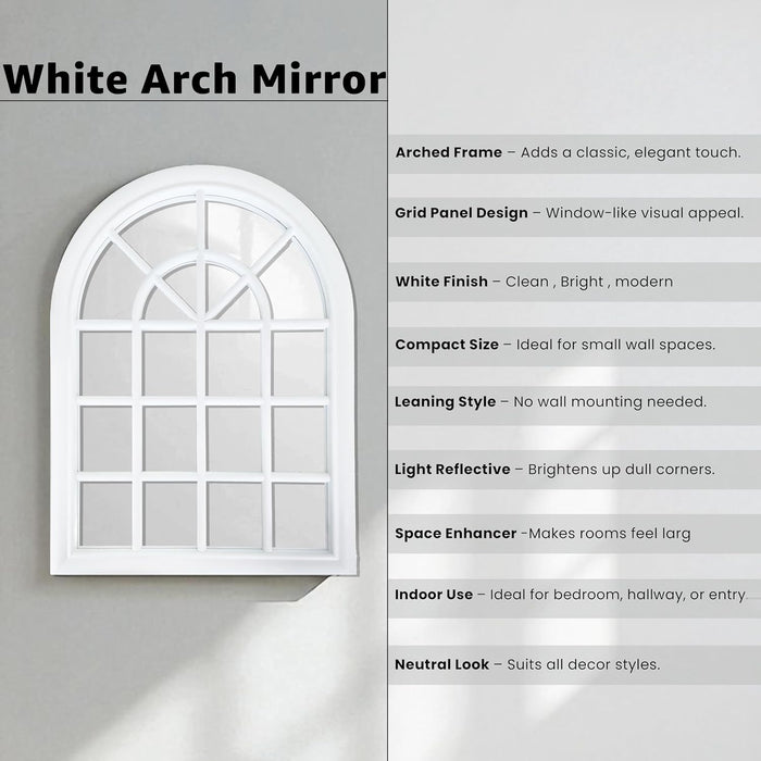 White Arched Windowpane Wall Mirror Semicircular Grid Design, Vintage ...