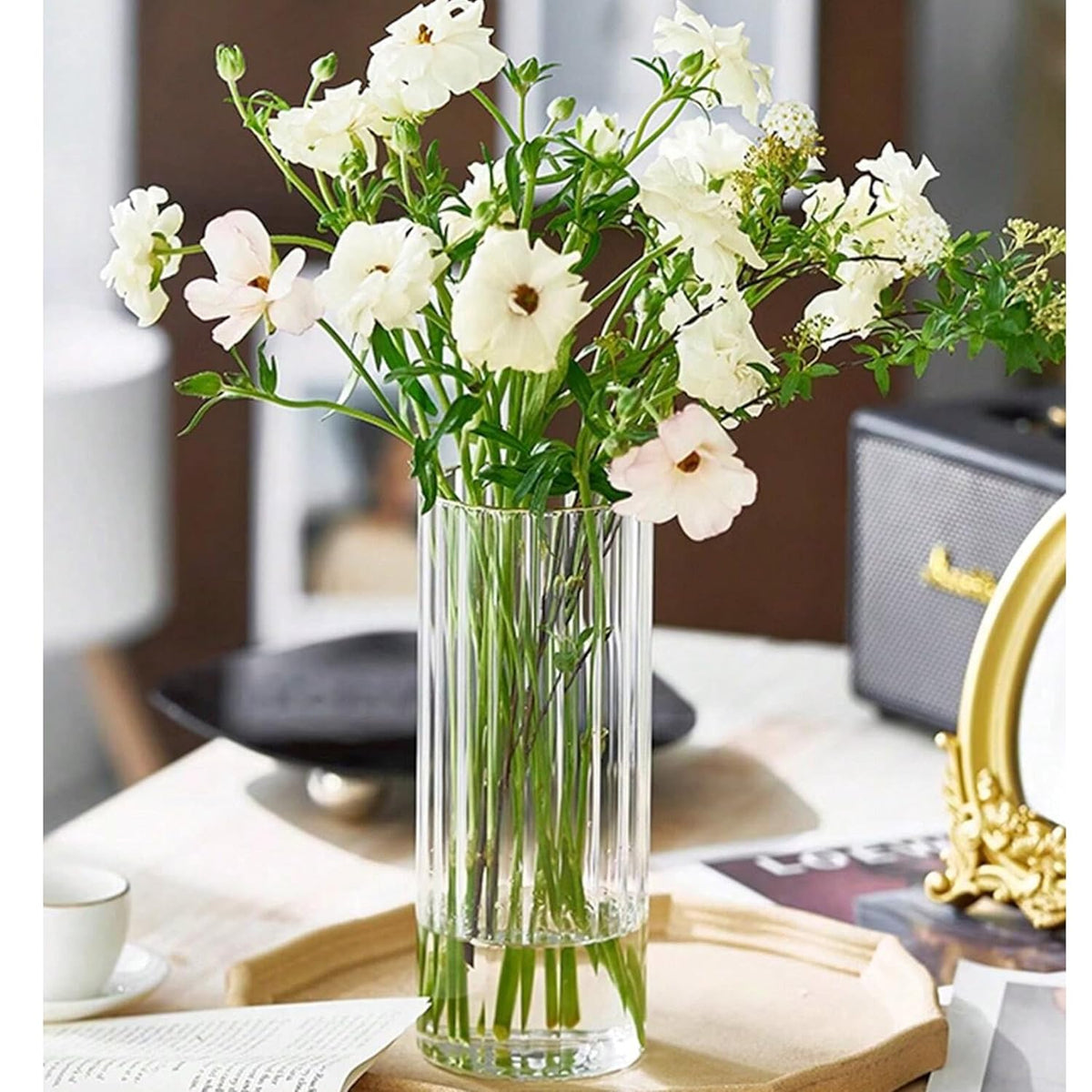 Transparent Glass Flower Vase, Designed Stripe Flower Pot for Home Dec ...