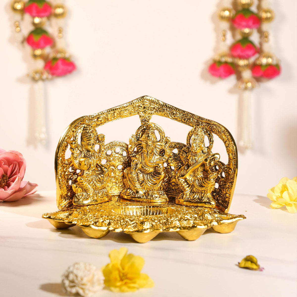 Lakshmi Ganesh Saraswati Metal Idols with 5 Diya Oil Lamp Base Traditi ...