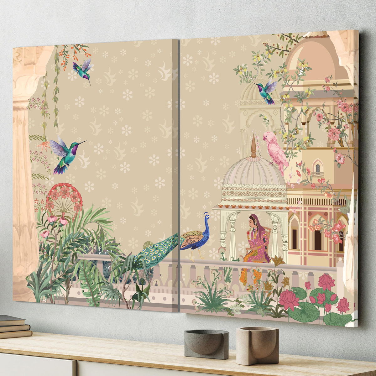 Stretched Canvas Painting Traditional Mughal Queen in Garden with Peac ...