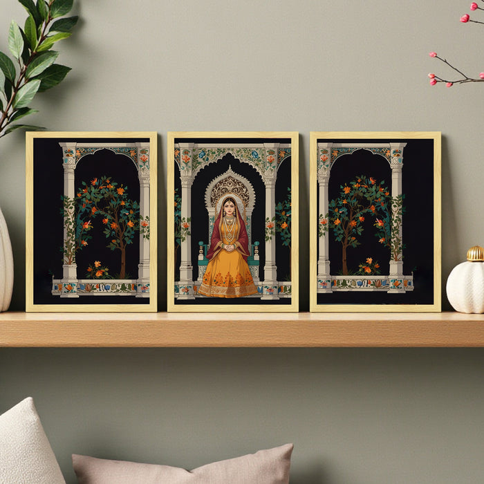 Set of 3 Traditional Indian Royal Lady Triptych Wall Art Framed Painti ...