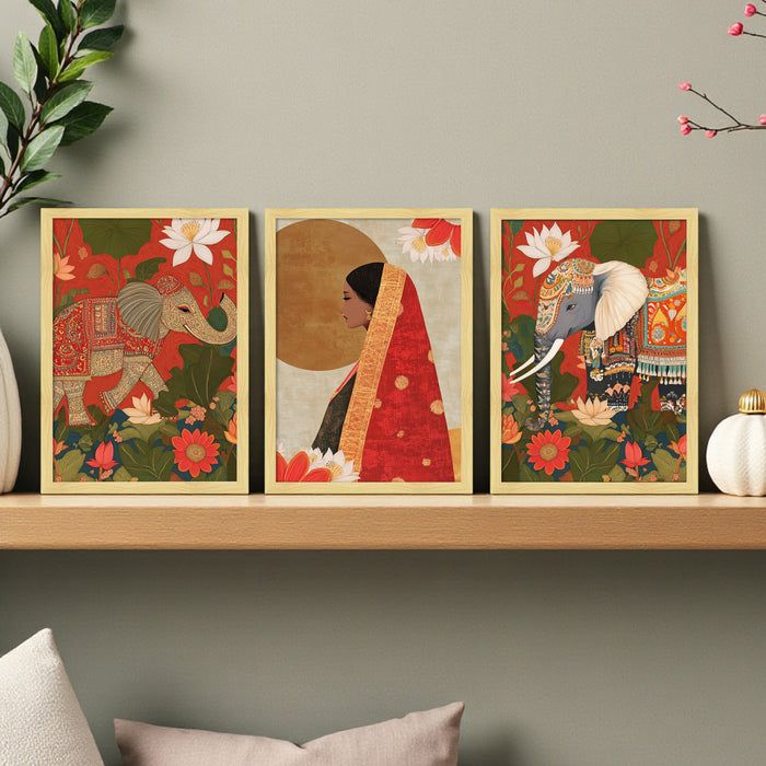 Set of 3 Traditional Indian Royal Lady Triptych Wall Art Framed Painti ...