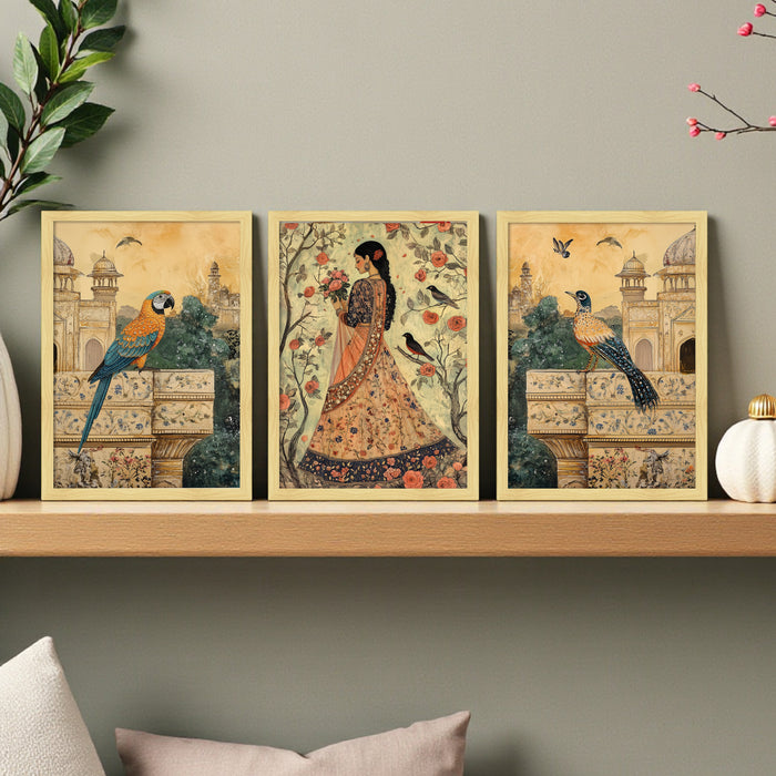 Set of 3 Traditional Indian Royal Lady Triptych Wall Art Framed Painti ...