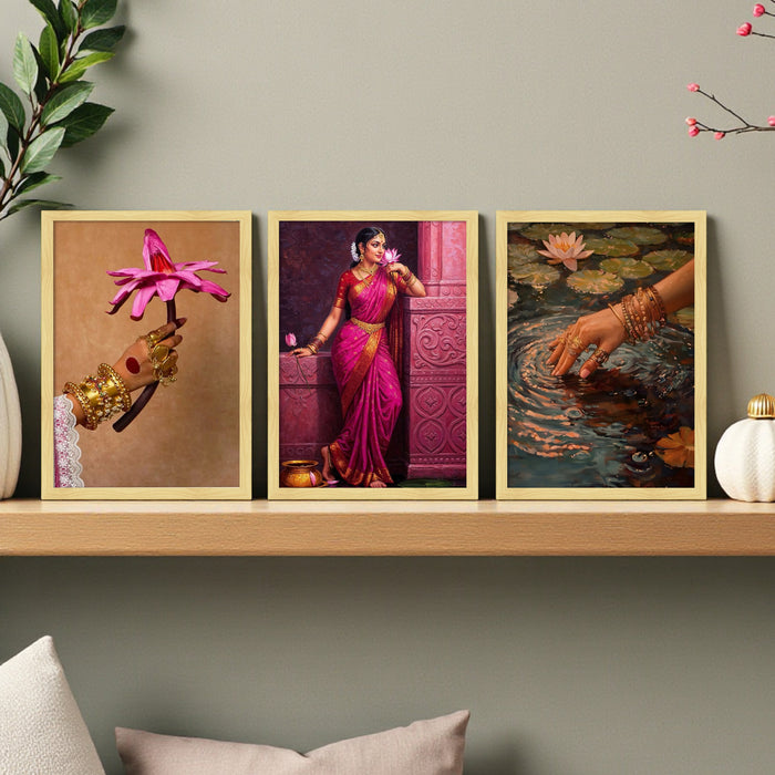 Set of 3 Traditional Indian Royal Lady Triptych Wall Art Framed Painti ...