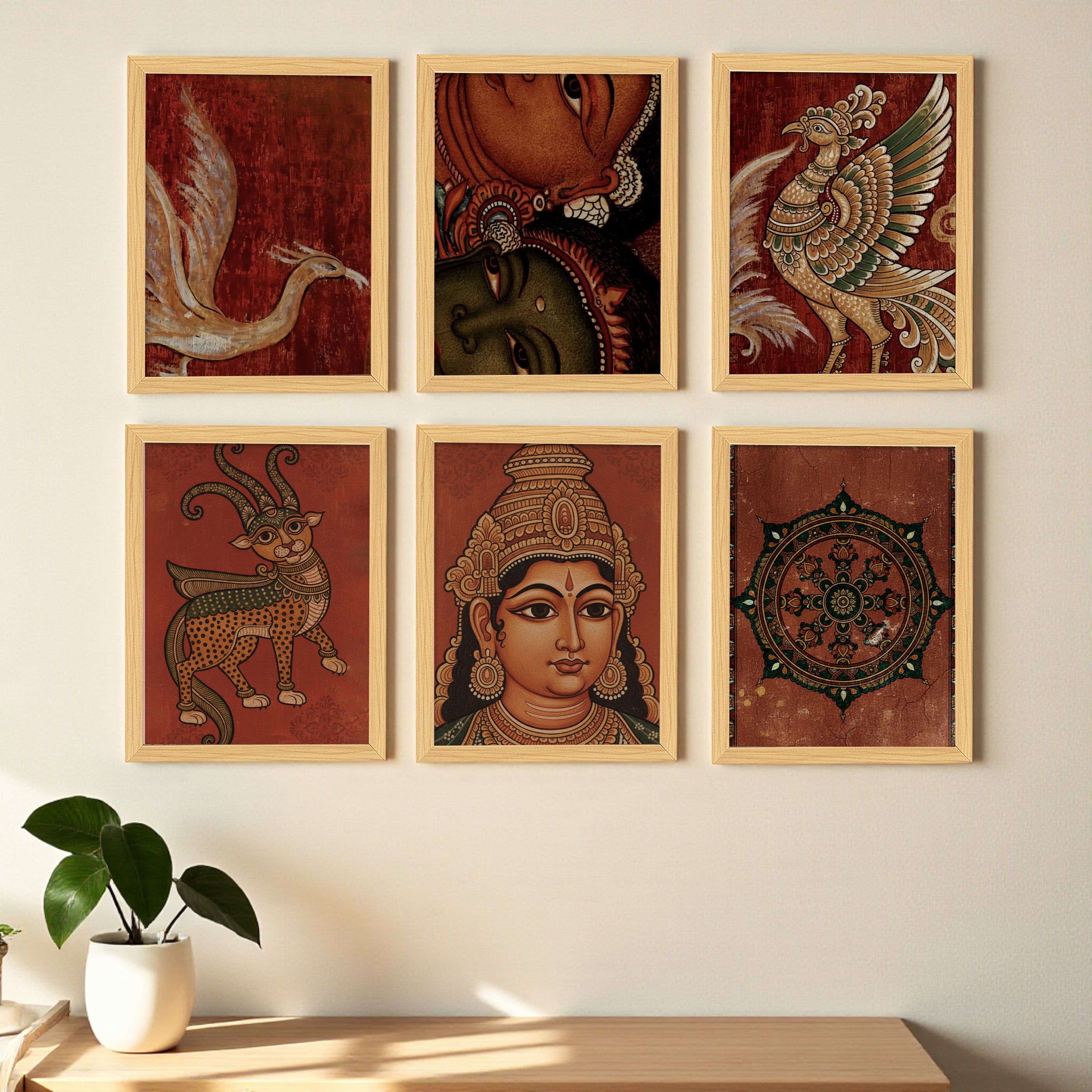 Set of 6 Royal Elephant Wall Art Frames Mughal Floral & Lotus Artwork ...