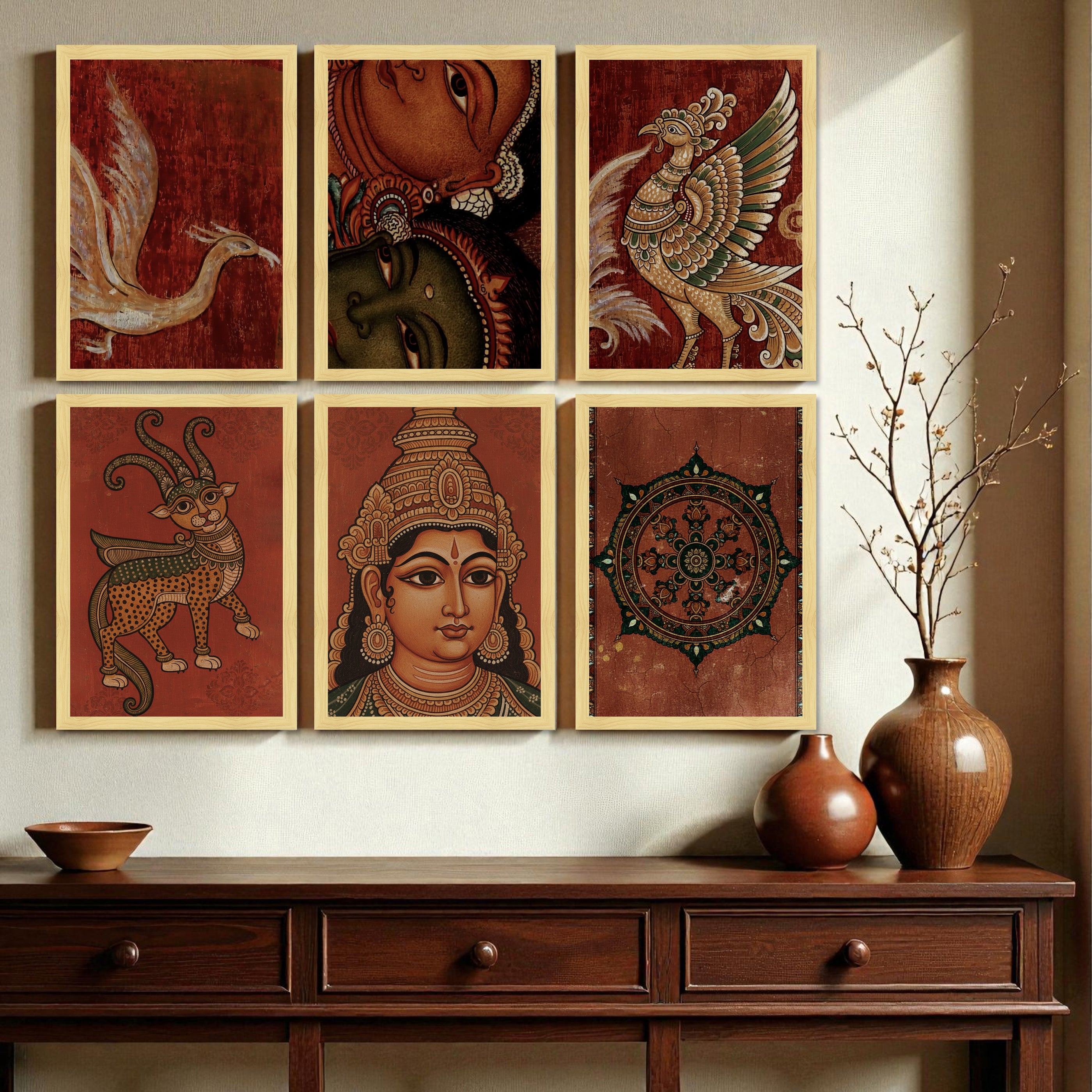 Set of 6 Royal Elephant Wall Art Frames Mughal Floral & Lotus Artwork ...