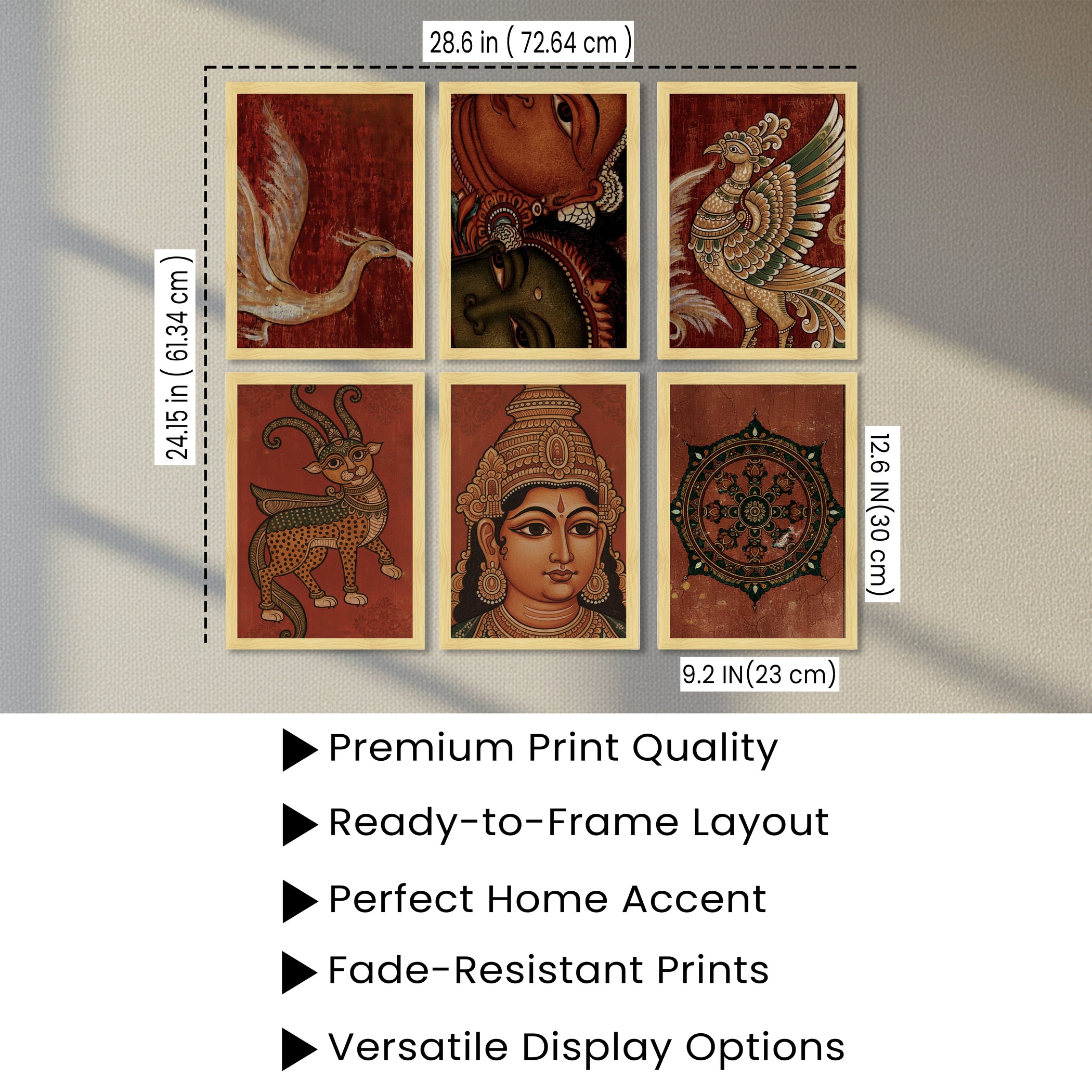 Set of 6 Royal Elephant Wall Art Frames Mughal Floral & Lotus Artwork ...