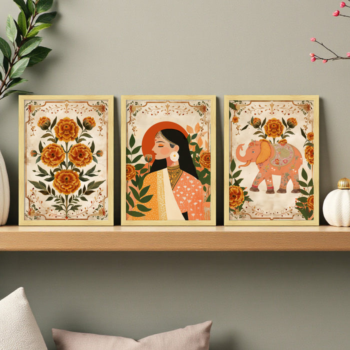 Set of 3 Traditional Indian Royal Lady Triptych Wall Art Framed Painti ...