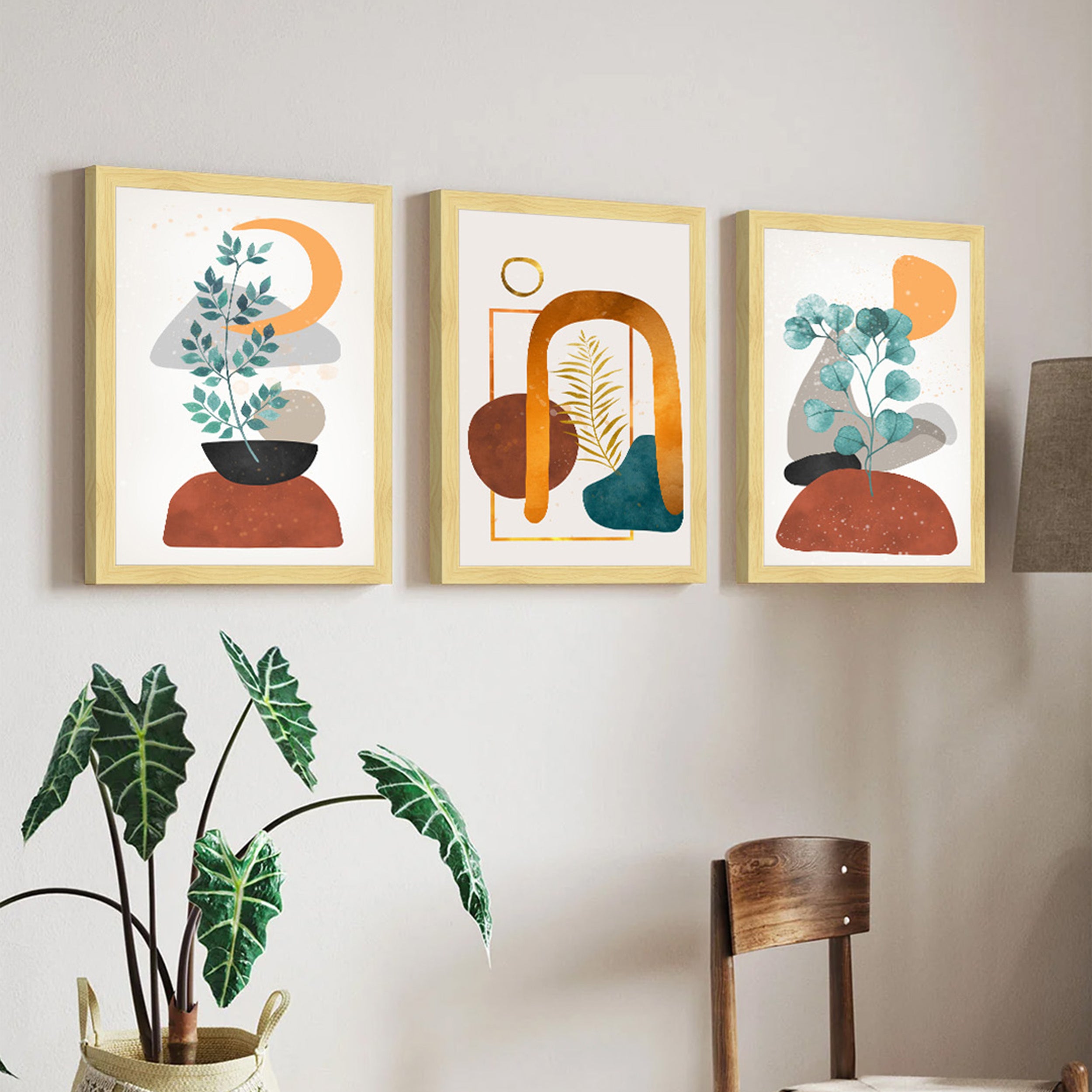 Botanical Abstract Boho Framed Wall Art Set of 3 Modern Nature Art Pri ...