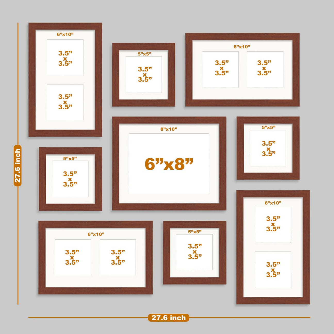 Family Square Photo Frames Set of 9 Brown Wall Photo Frames with Matte ...