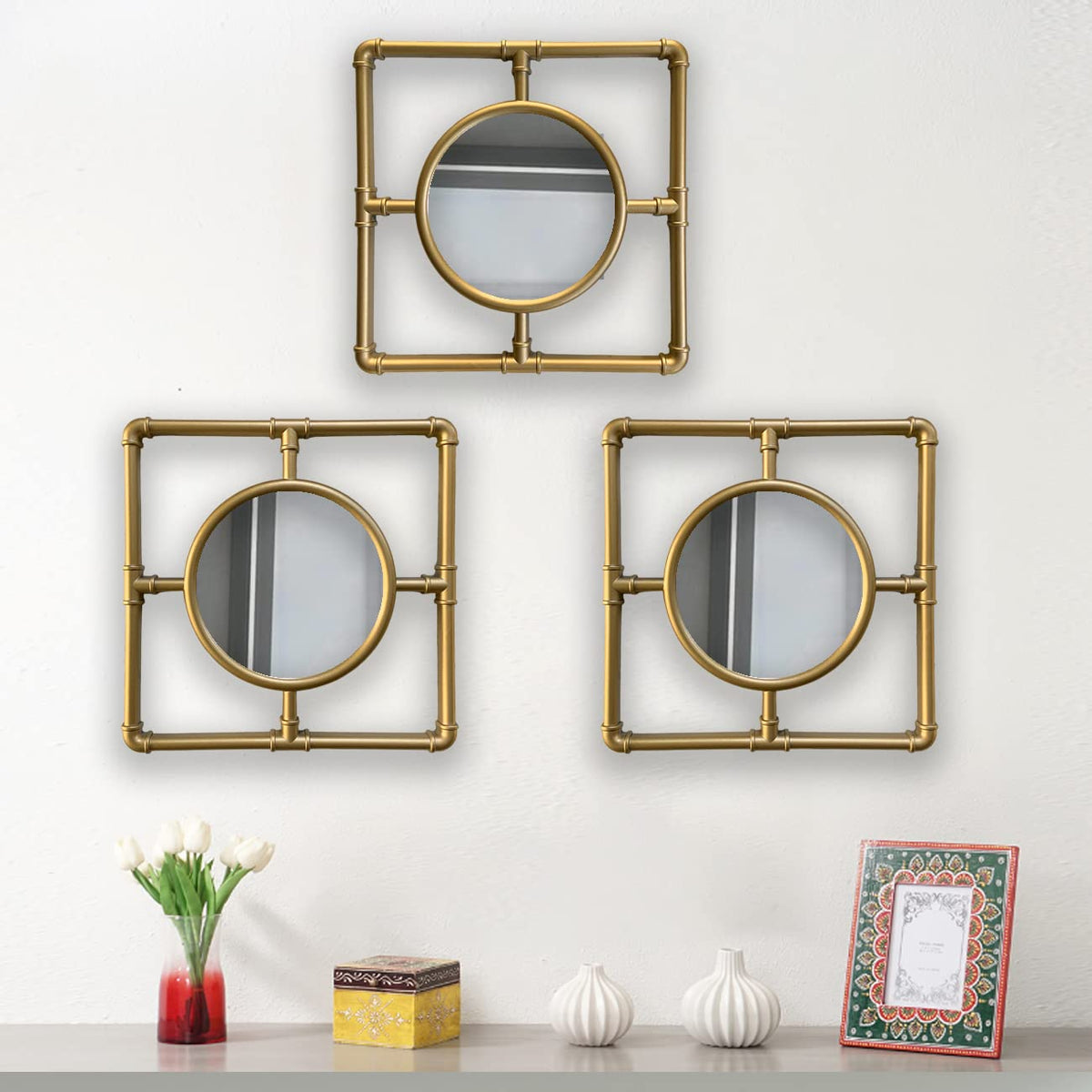 Arianda Square Wall Mirror Square Shape Golden Decorative Wall Mirror ...