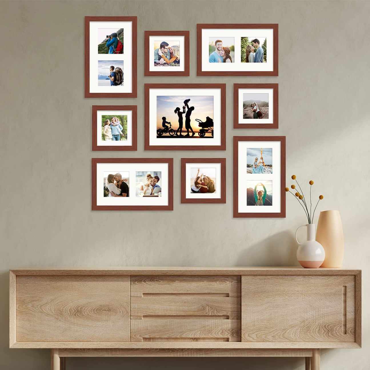 Family Square Photo Frames Set of 9 Brown Wall Photo Frames with Matte ...