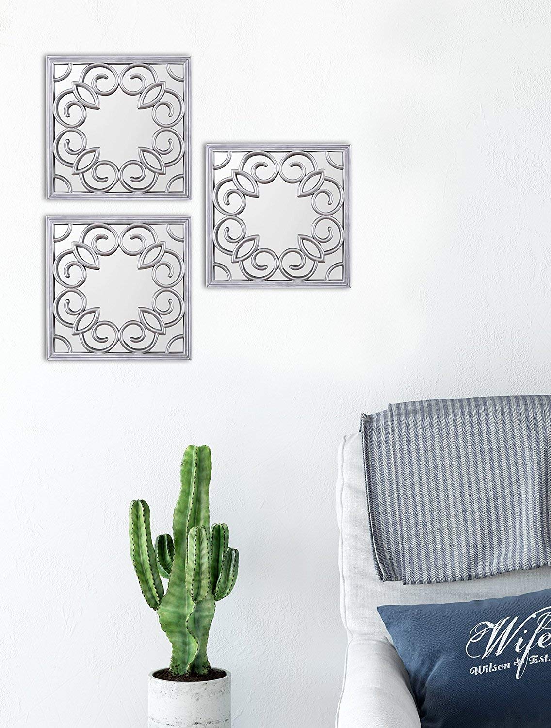 Set of 3 Silver Square Mirror Decorative in Square Shape (10 x 10 Inch ...