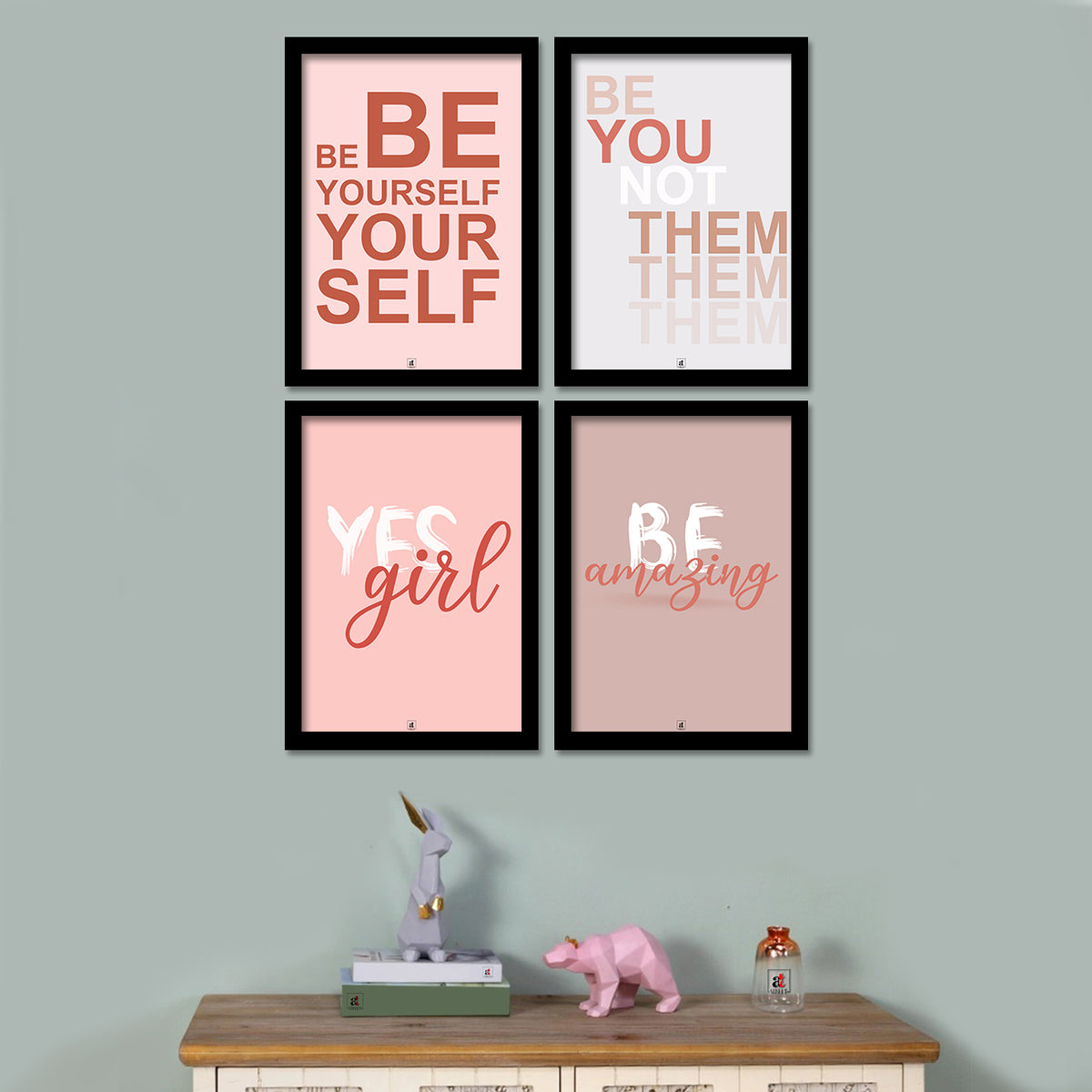 Set of 4 BE YOURSELF Motivational Framed Poster Black Framed Art Print ...