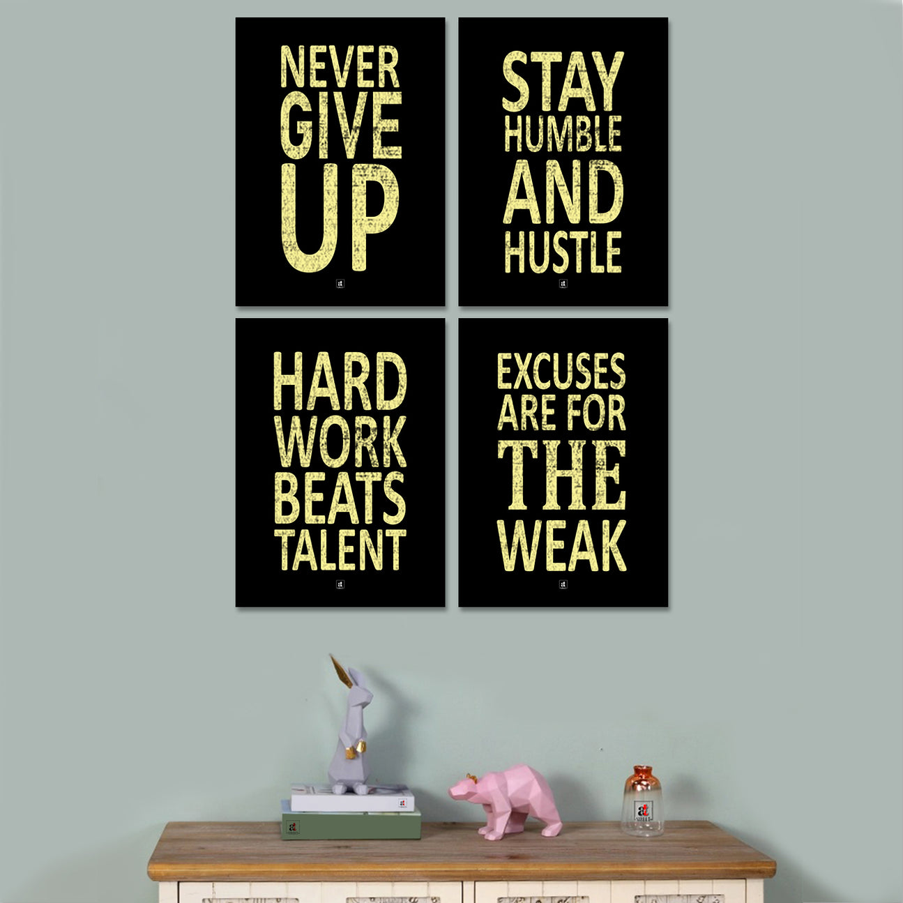 Motivation Framed Posters Set of 4 A3 Size, Never Give Up Quotes Art P ...